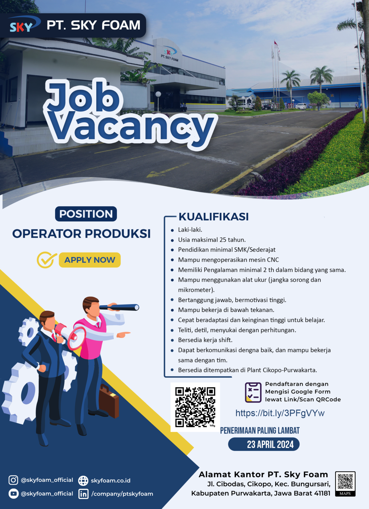 Lowongan Posisi Maintenance – PT SKY FOAM